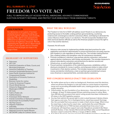 Bill Summary: Freedom to Vote Act | Sojourners